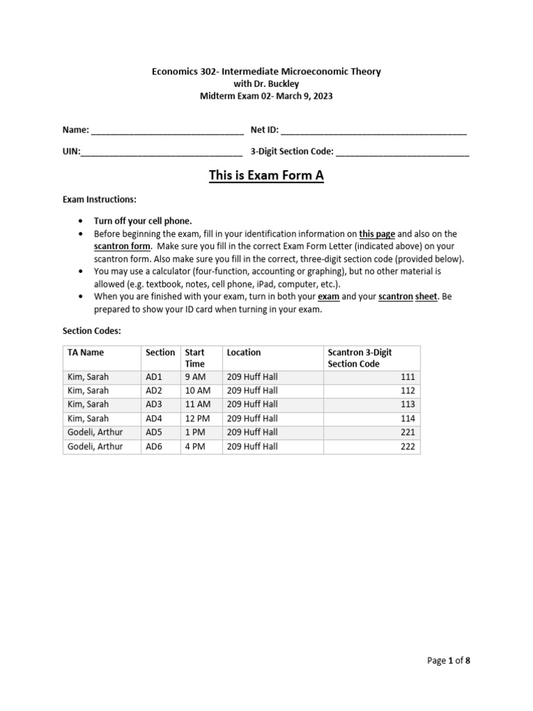 Econ 302 (Micro Prin) - Exam 2 Version A | PDF | Labour Economics | Demand
