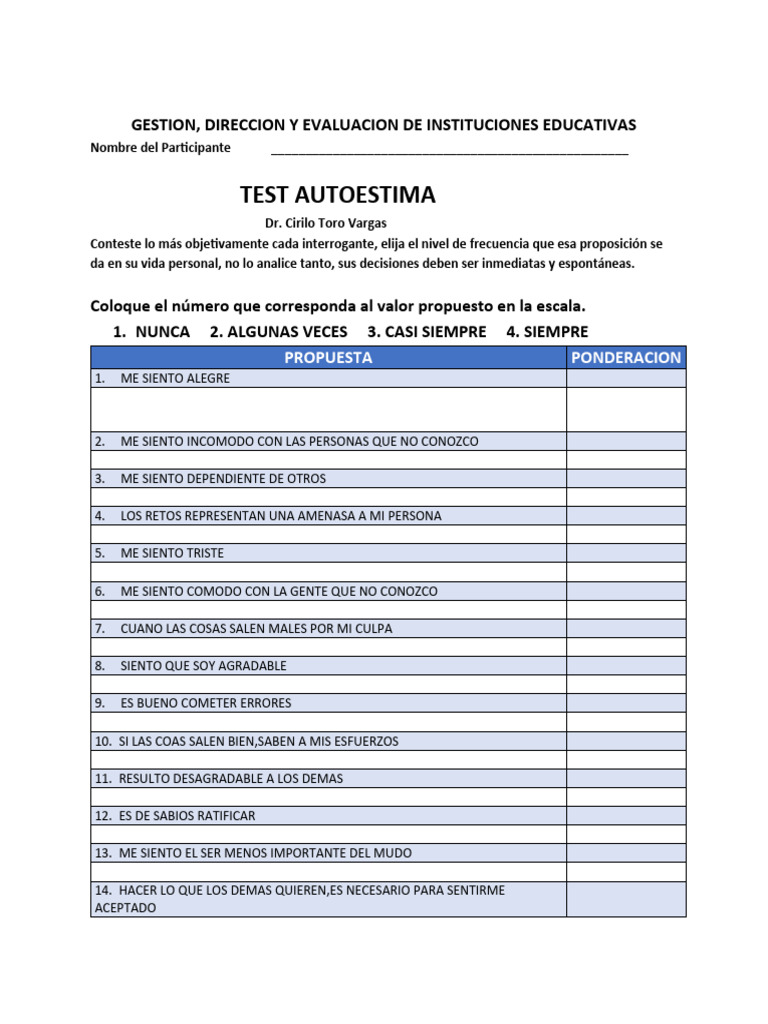 5. TEST DE AUTOESTIMA | Descargar gratis PDF | Autoestima