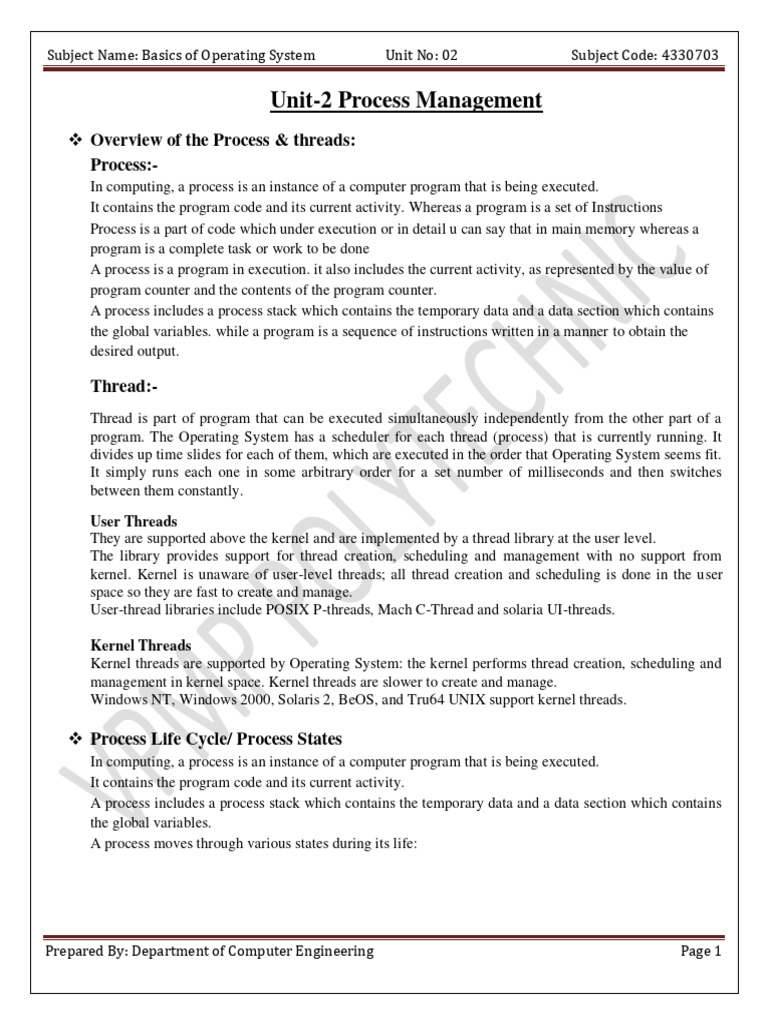 Bos Unit 2 | PDF | Process (Computing) | Thread (Computing)