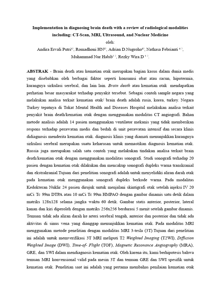 Implementation in Diagnosing Brain Death With A Review of Radiological Modalities Including: CT ...
