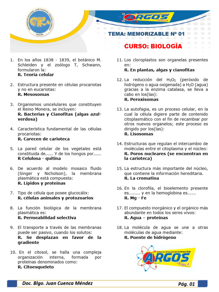 Memorizable Nº01 - Biología (Colegio-Academia Argos) | PDF | Biología ...