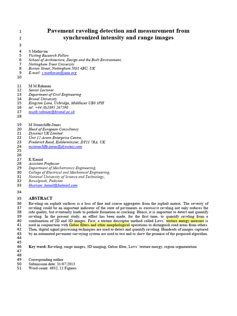 Pavement Raveling Detection And Measurement From Synchronized Intensity And Range Images2013