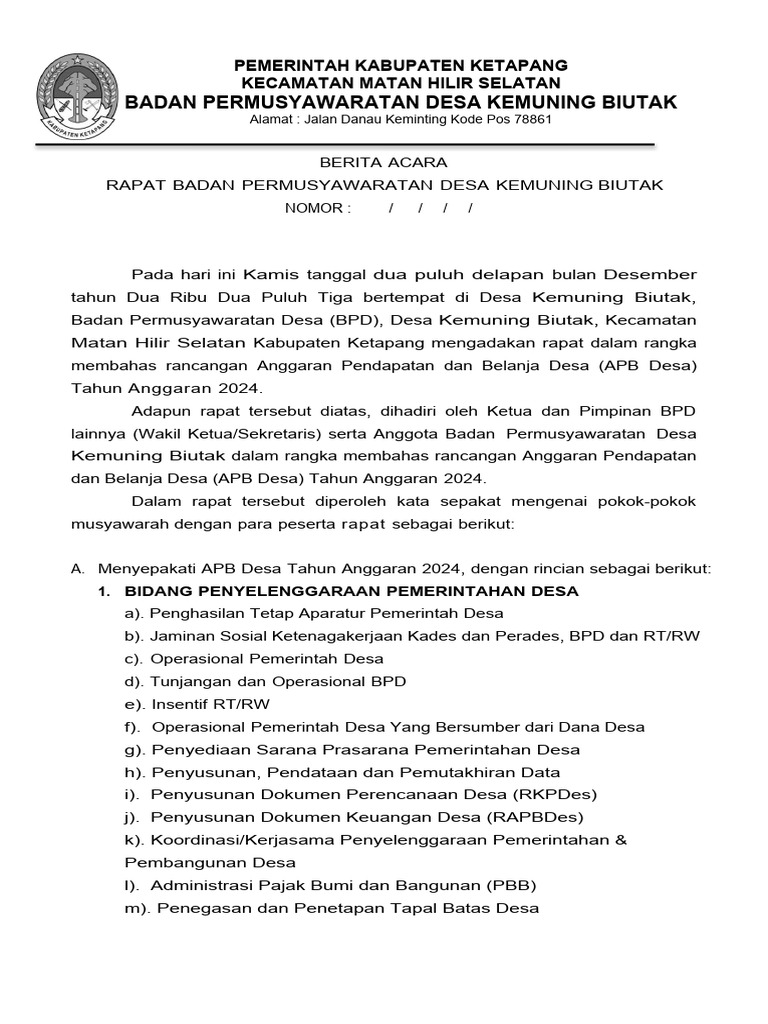 0.b - BA. Rapat Internal BPD - Perdes APB Desa 2024 | PDF | Sains & Matematika
