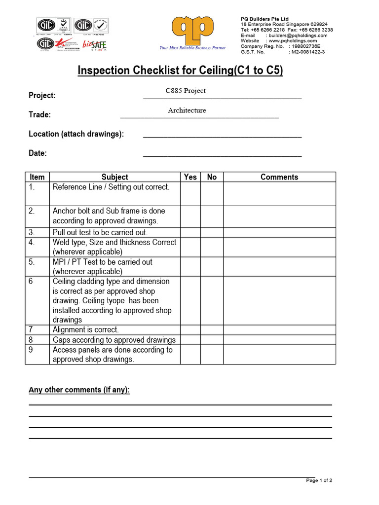 Ceiling Checklist | PDF | Civil Engineering | Building Engineering