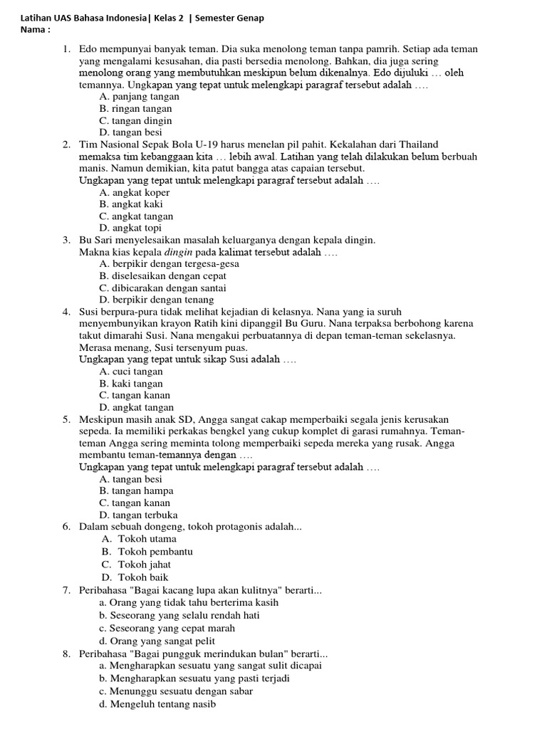 Latihan Uas Bahasa Indonesia Kelas 2 | PDF