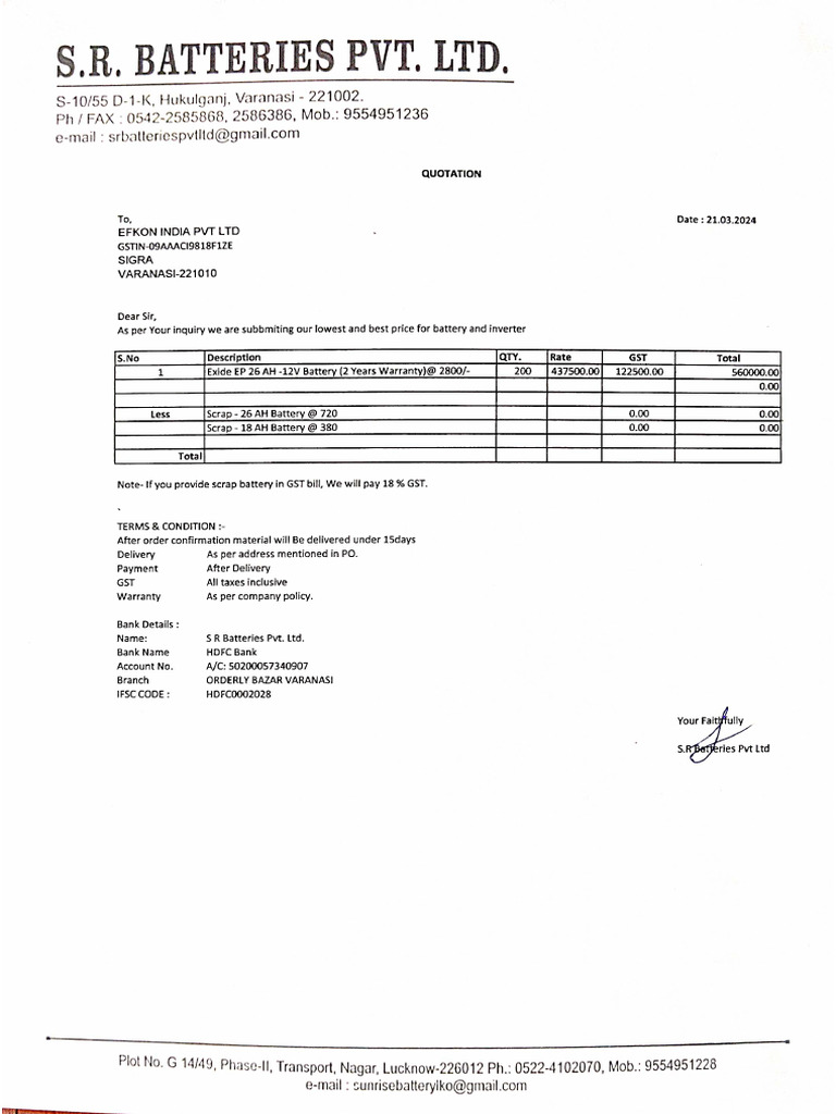 S.R Battery Quotation | PDF