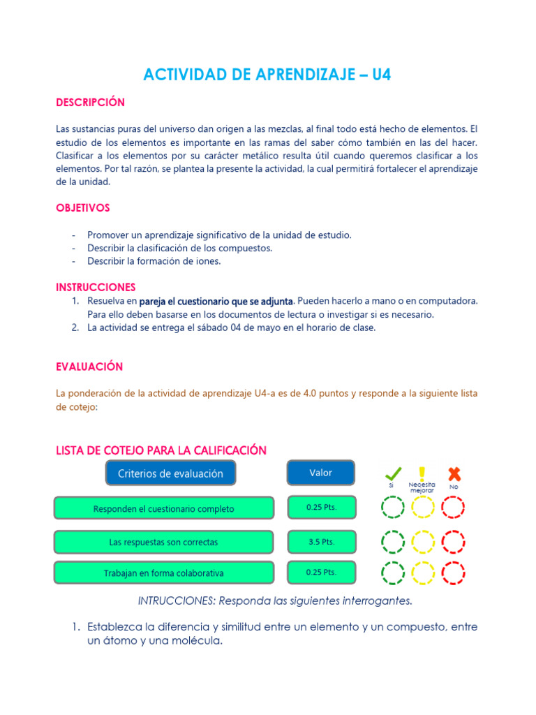 Actividad U4 | PDF | Compuestos químicos | Moléculas