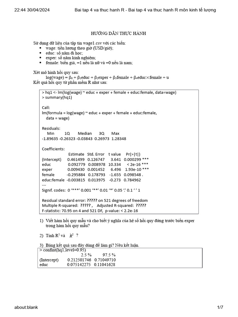 Bai Tap 4 Va Thuc Hanh R - Bai Tap 4 Va Thuc Hanh R Môn Kinh Tế Lượng | PDF