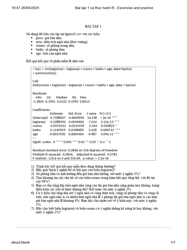 Bai Tap 1 Va Thuc Hanh R - Bài Tập Và Hướng Dẫn Thực Hành | PDF