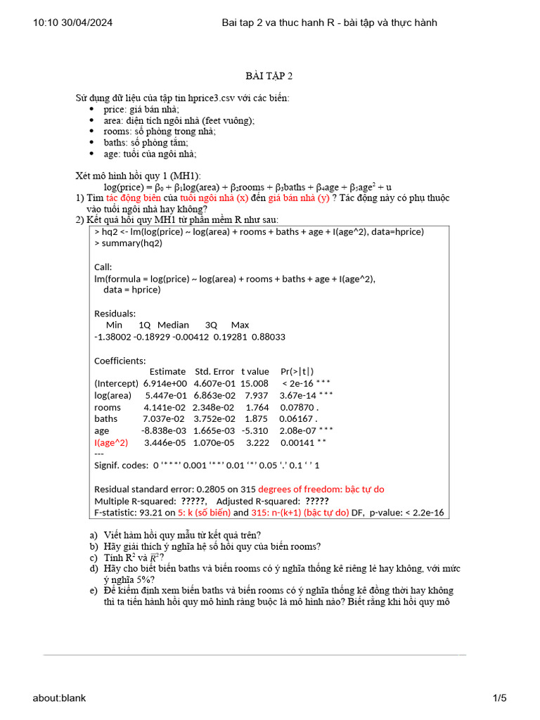 Bai Tap 2 Va Thuc Hanh R - Bài Tập Và Thực Hành | PDF