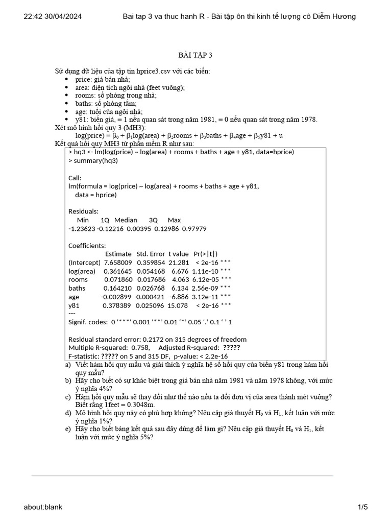 Bai Tap 3 Va Thuc Hanh R - Bài Tập Ôn Thi Kinh Tế Lượng Cô Diễm Hương | PDF