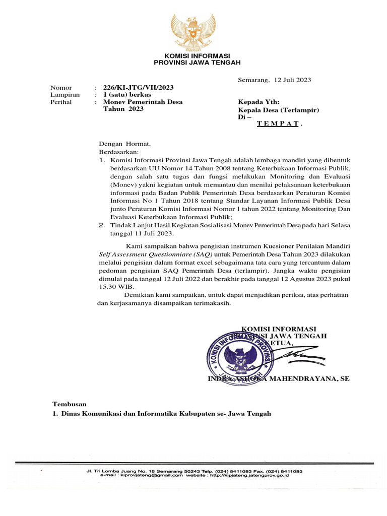 Surat Pemberitahuan Saq MONEV Desa Ok | PDF