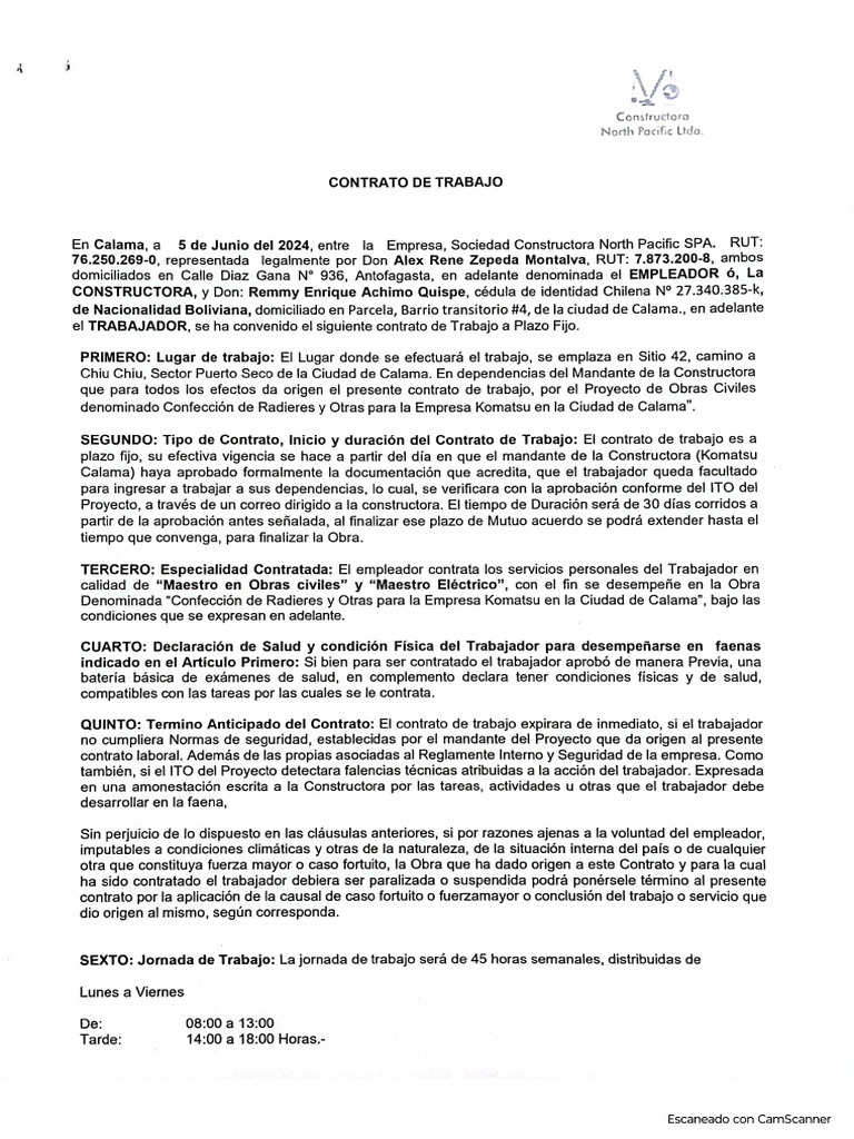 Contrato de Trabajo, Remmy Enrique Achimo Quispe | PDF