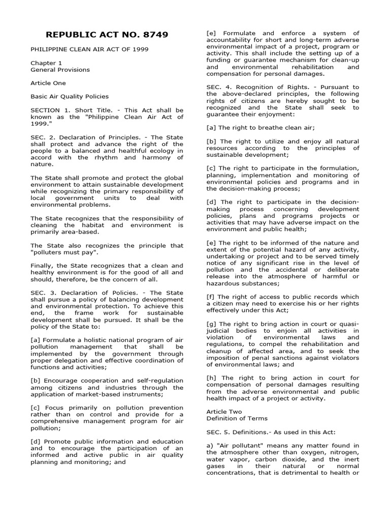 R.A. 8749 | PDF | Air Pollution | Atmosphere Of Earth