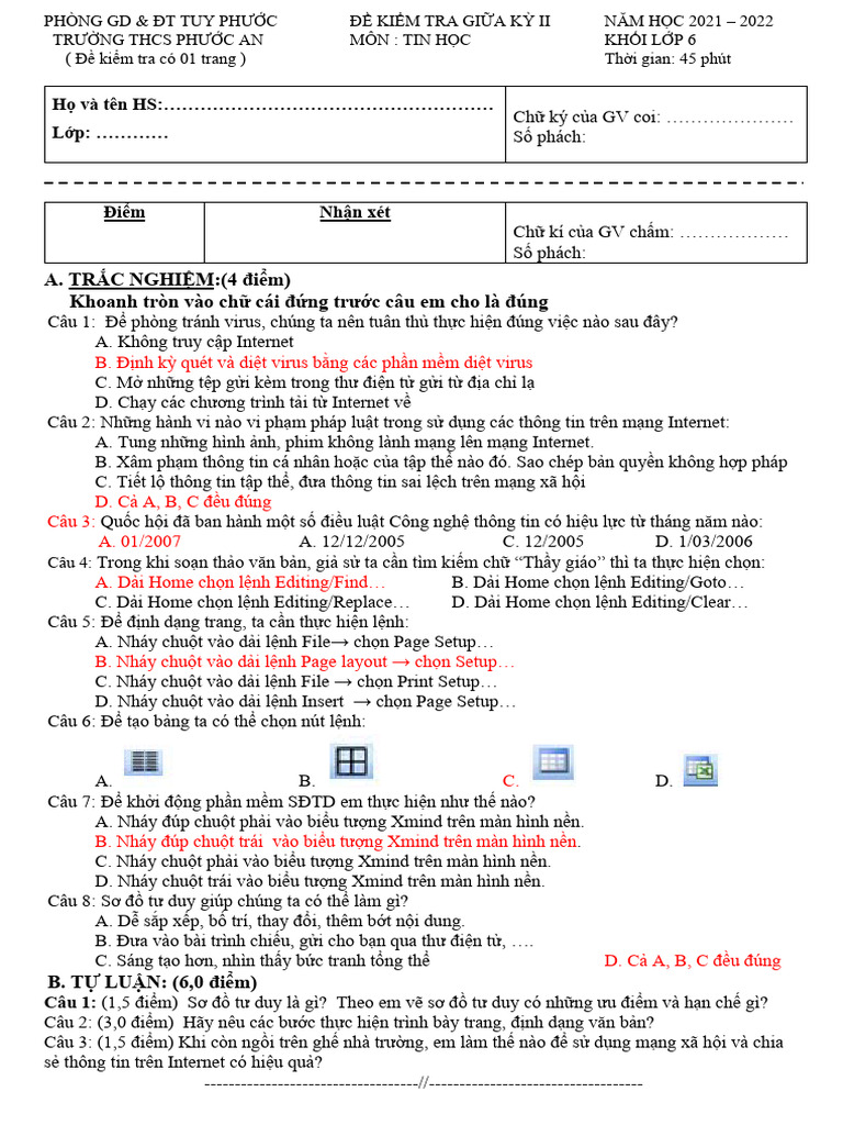 ĐỀ, ĐÁP ÁN KIEM TRA GIỮA KỲ TIN HỌC 6 HKII CÁNH DIỀU (2021 - 2022) | PDF
