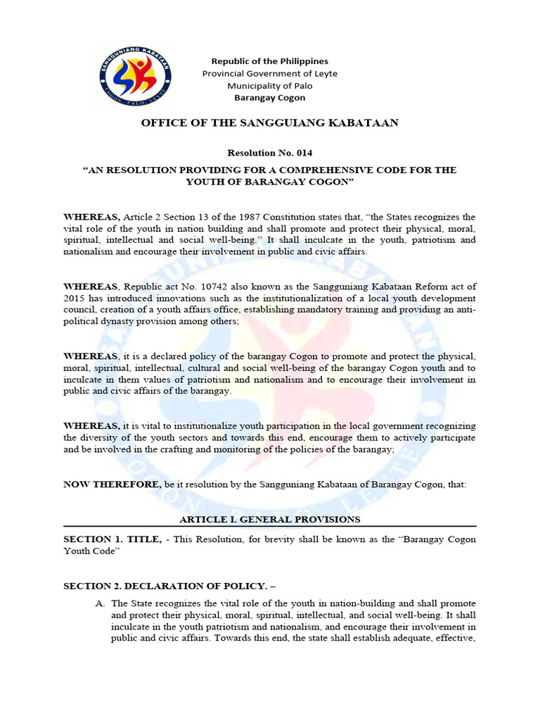 An Resolution Providing For A Comprehensive Code For The Youth of ...