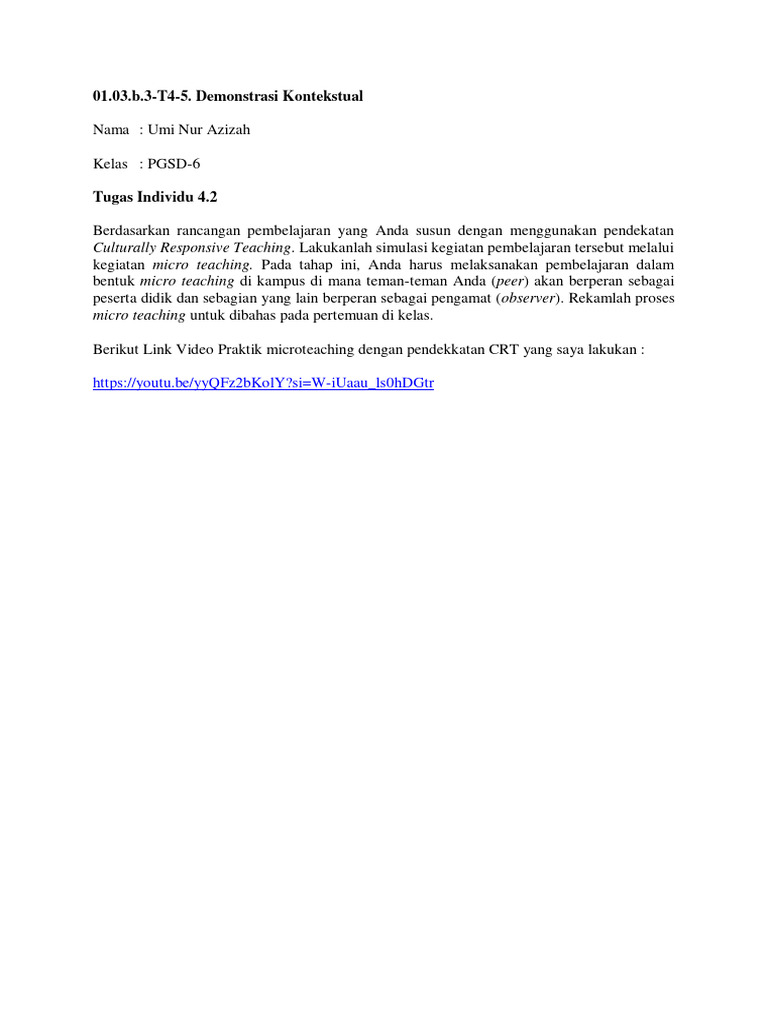01.03.b.3-T4-5. Demonstrasi Kontekstual Prinsip Pengajaran Dan Asesmen I -Umi Nur Azizah-PGSD 6 ...