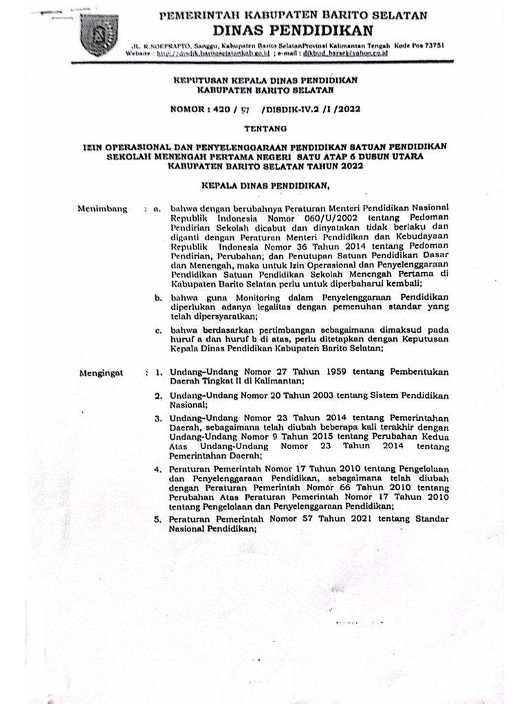 Ijin Operasional SMPN SATAP 6 Dusun Utara | PDF