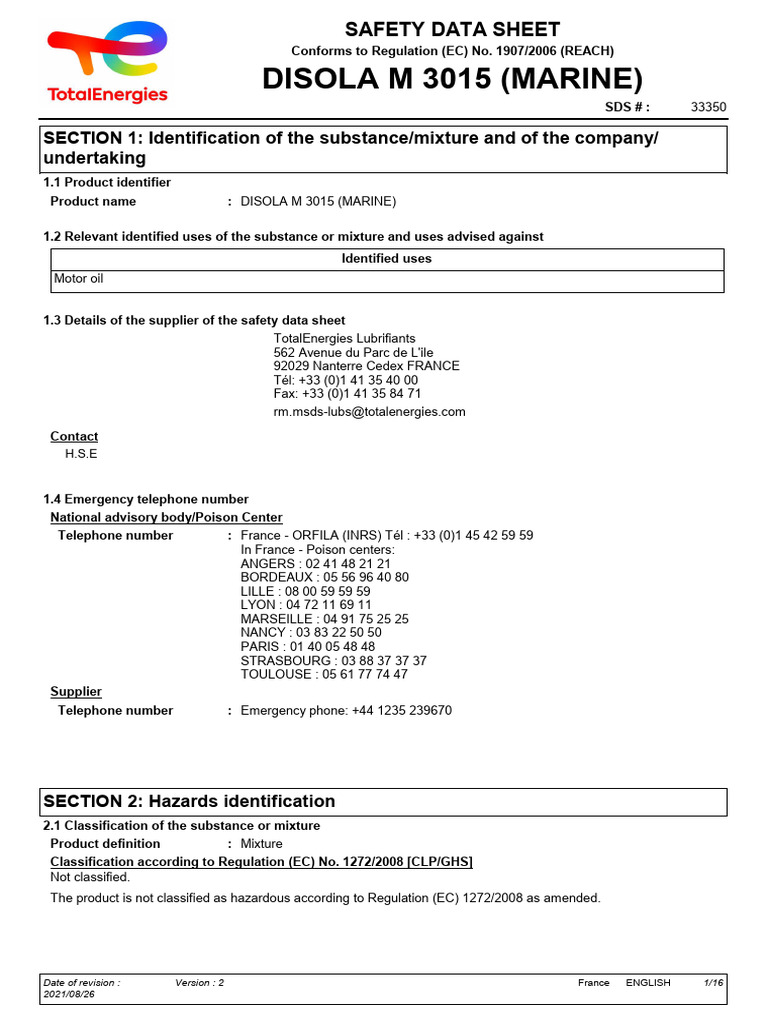 Disola M 3015 (Marine) - MSDS | PDF | Toxicity | Waste