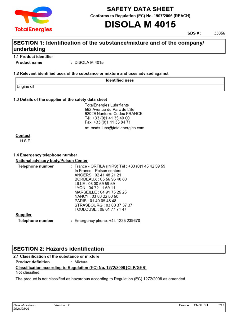 Disola M 4015 - MSDS | PDF | Waste | Waste Management