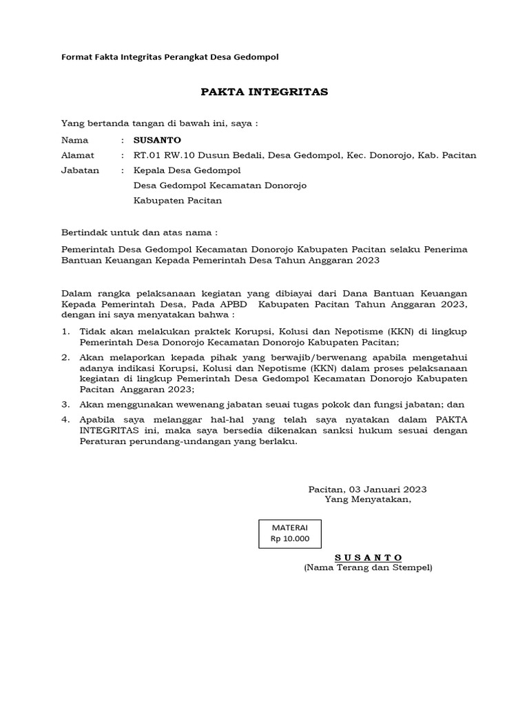 Pakta Integritas Perangkat Desa | PDF