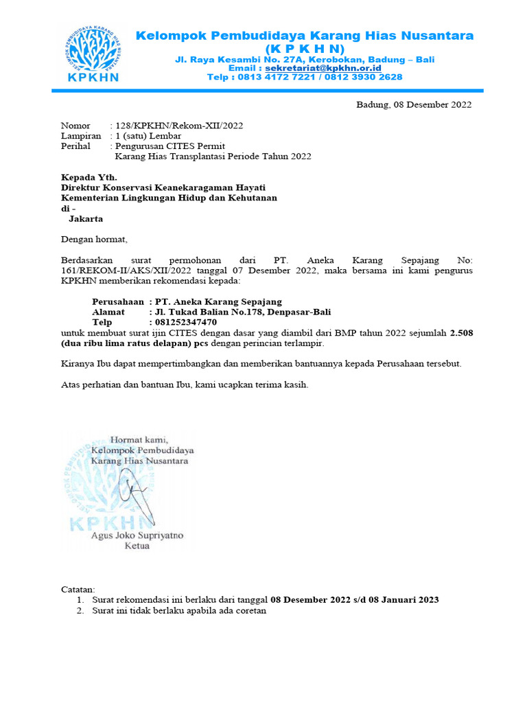 Surat Rekom KPKHN-Rekomendasi Permit PT. Aneka Karang Sepajang 128 1222 ...
