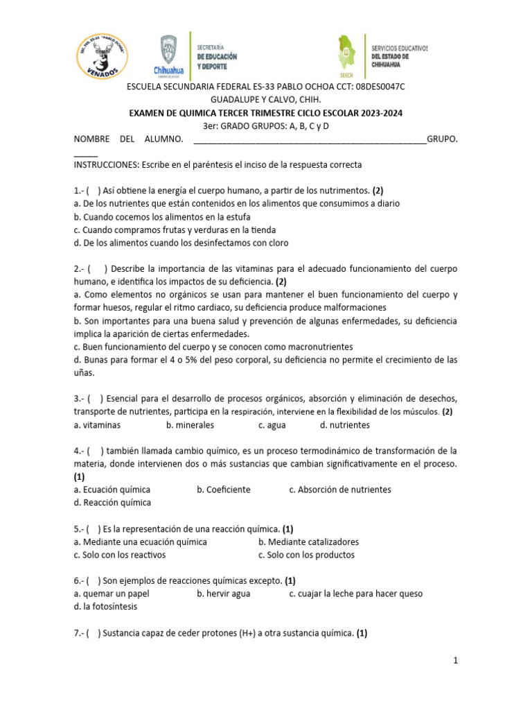 1examen 3er Trim Quimica 23-24 | PDF | Redox | Nutrientes