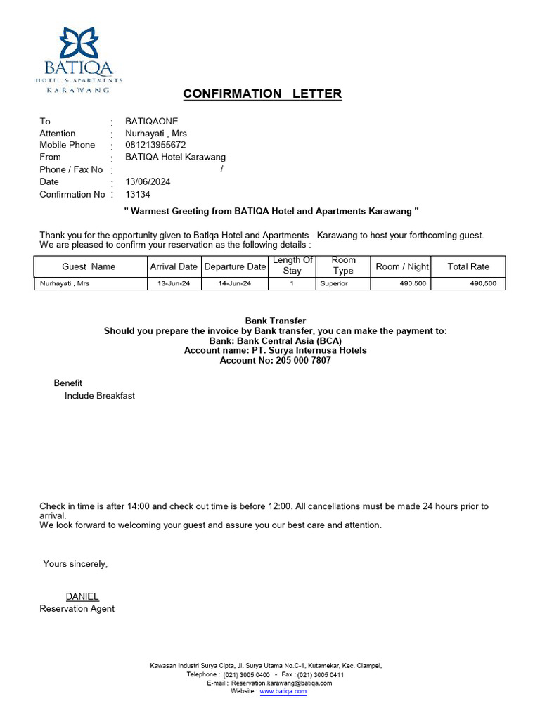 Confirmation Letter Mrs. Nurhayati ( Room 2 ) On 13 June 2024 | PDF