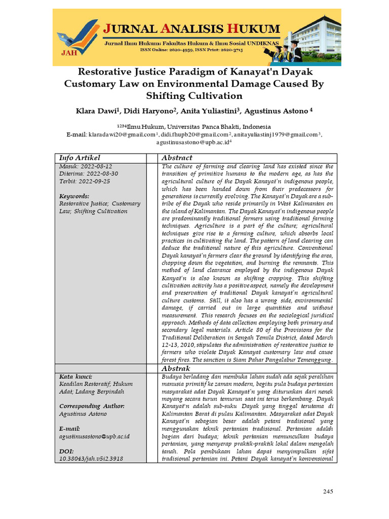 Restorative Justice Paradigm of Kanayat-N Dayak Customary Law On Environmental Damage Caused by ...