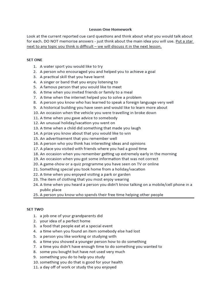 Speaking Part One - Homework | PDF | Self-Improvement | Wellness