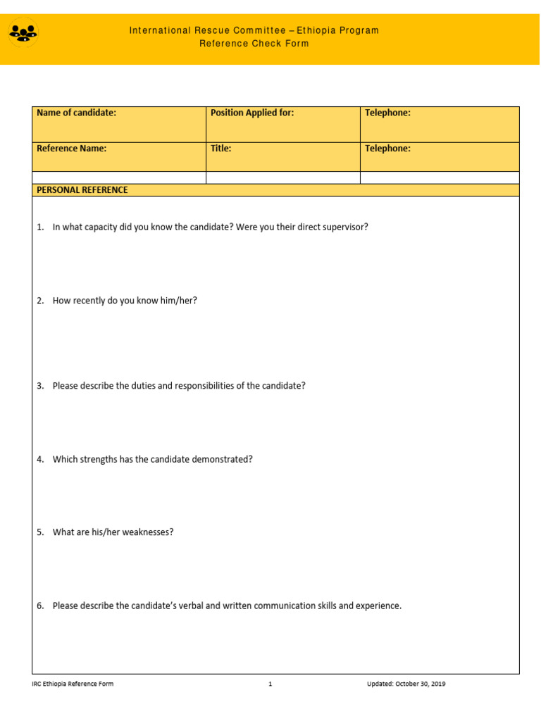 IRC Ethiopia Reference Check Form 30oct19 Form Final | PDF | Business