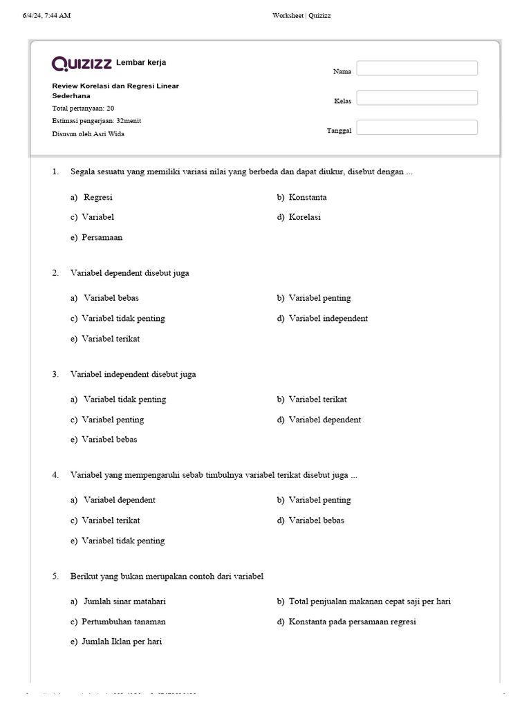 Worksheet - Quizizz | PDF