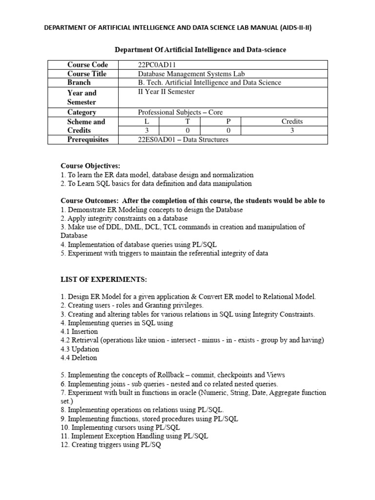 DBMS Lab Manual | PDF | Relational Database | Databases