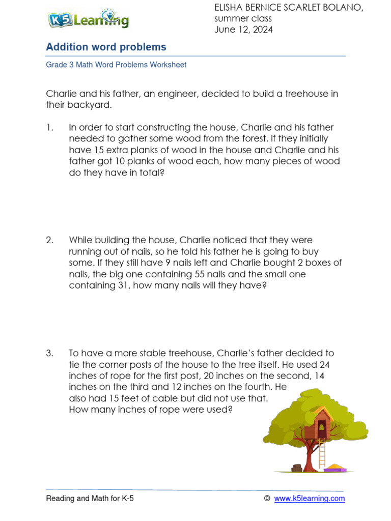 Grade 3 Addition Word Problems A1 | PDF | Home & Garden