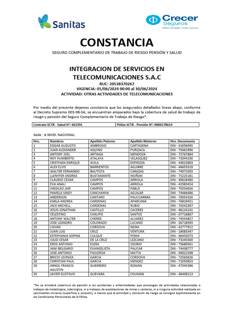 SCTR Junio Isetel 2024 - Actualizado Ultimo | PDF | Póliza de seguros | Riesgo