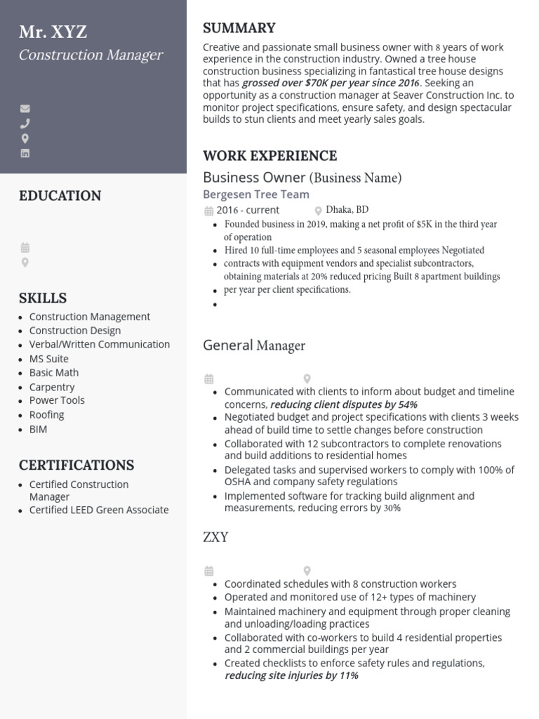Construction Business Owner Resume Example | PDF | Economies | Business