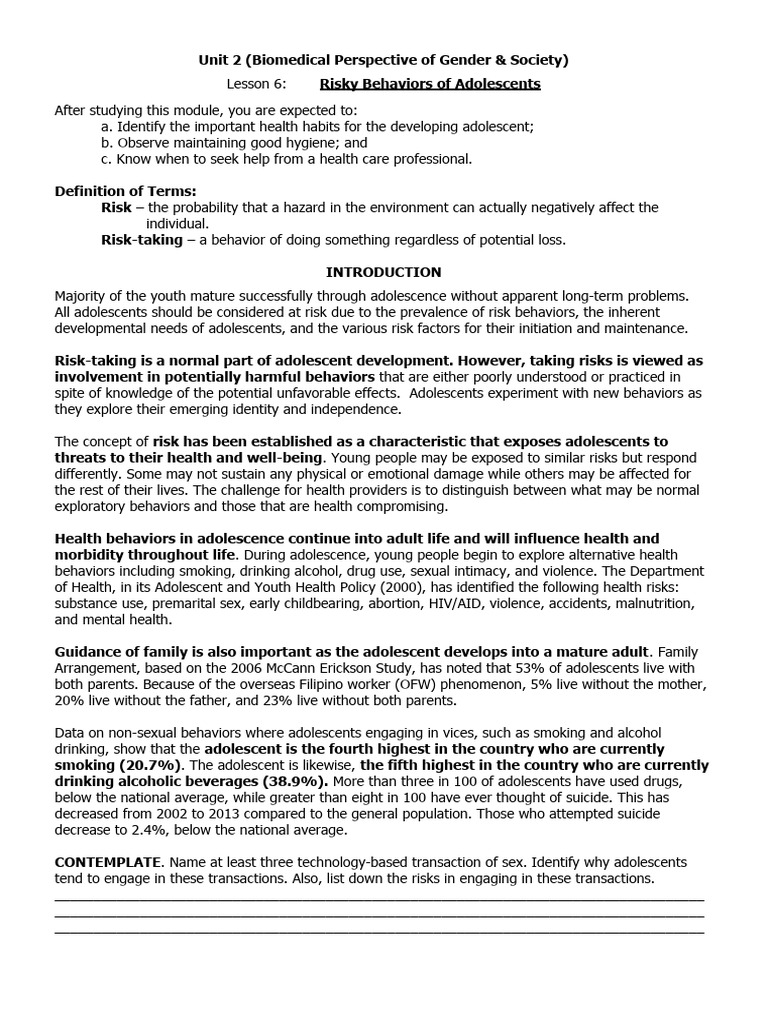 Lesson 6 Risky Behavior of Teenagers | PDF | Heroin | Adolescence