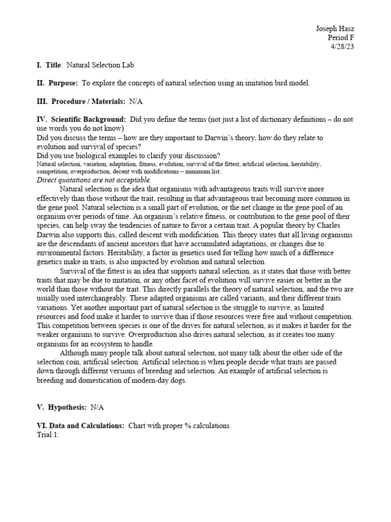 Natural Selection Lab 2 | PDF | Natural Selection | Evolution