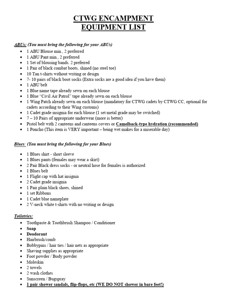 CTWG Encampment Packing Guide | PDF | Laptop | Sock