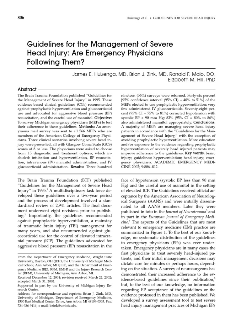 Guidelines For The Management of Severe Head Injury | Download Free PDF ...