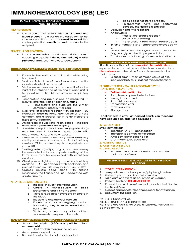 BB Lec - Topic 11 - Non-Infectious Transfusion Reactions | PDF | Blood Transfusion | Intravenous ...