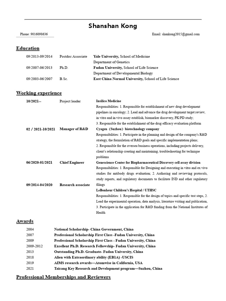 Shanshan Kong 2024 06 CV | PDF | In Vitro | Life Sciences