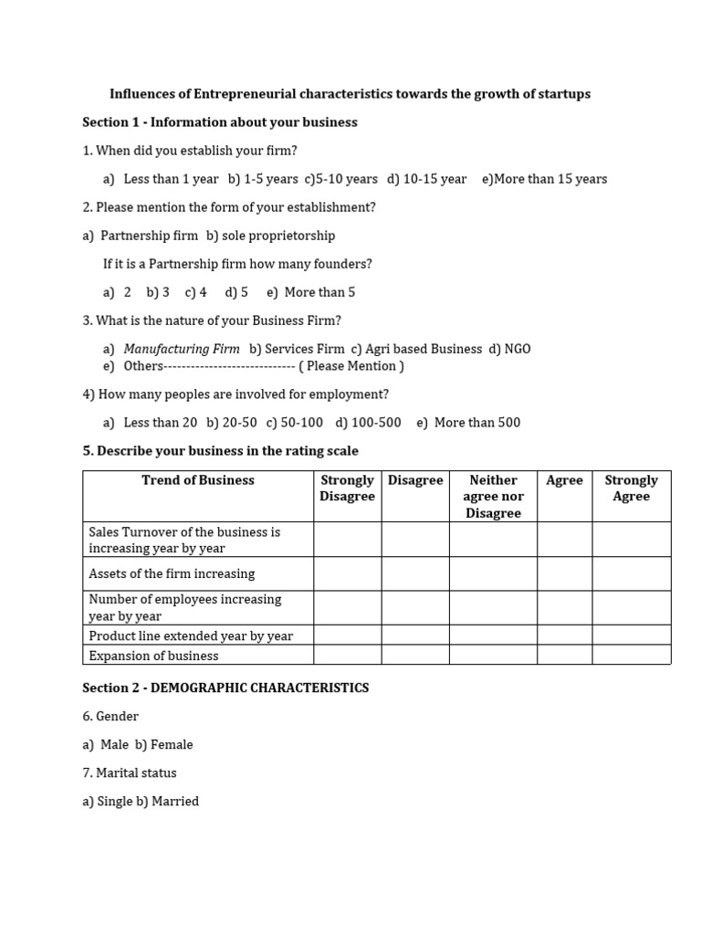 Questionnaire | PDF | Entrepreneurship | Thought