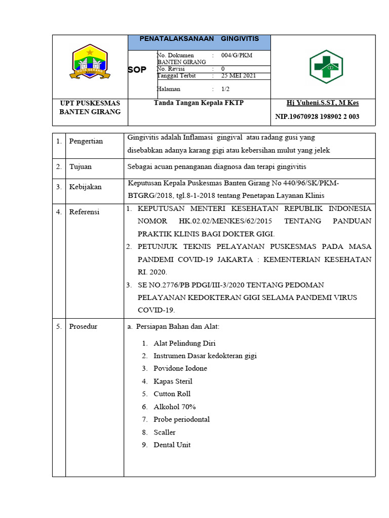 Sop Penatalaksanaan Gingivitis | PDF | Pengembangan Diri | Sains & Matematika