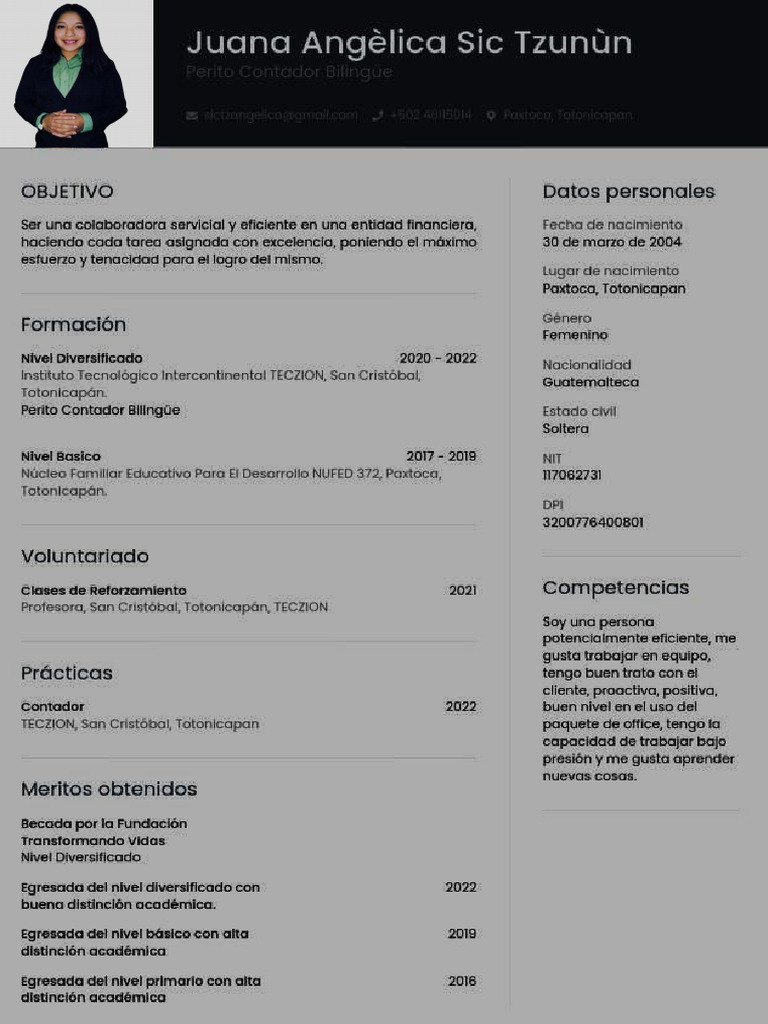 CV Juana Angèlica Sic Tzùnun - Perito Contador Bilingue | PDF