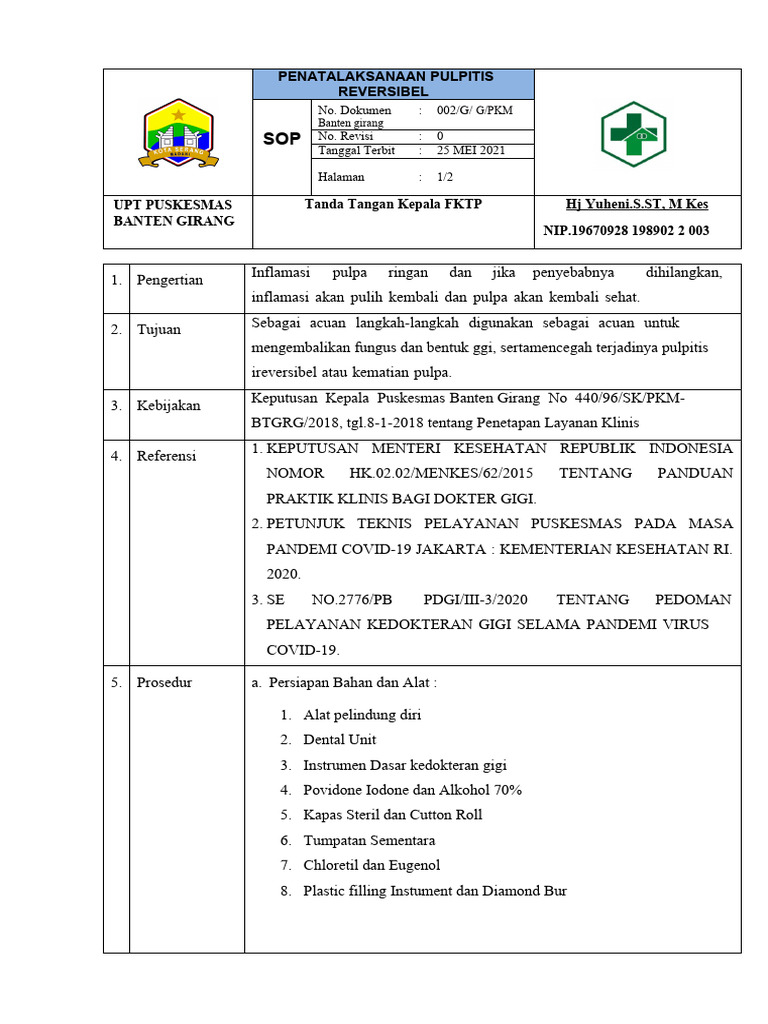 Sop Penatalaksanaan Pulpitis Reversibel | PDF