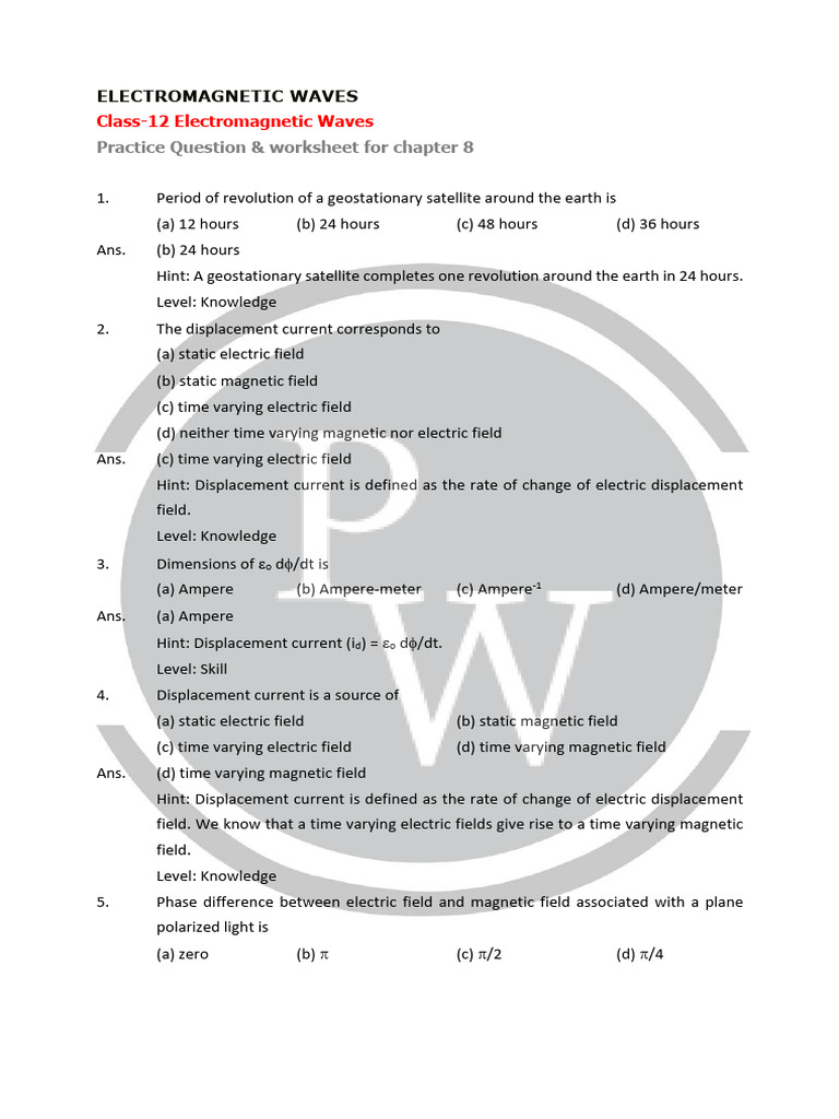 Practice Question & Worksheet For Chapter 8: Class-12 Electromagnetic Waves | PDF ...