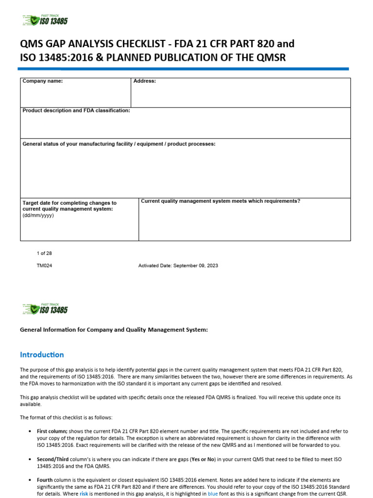 FDA ISO Gap Analysis Checksheet - Upgrade | PDF | Verification And Validation | Quality ...