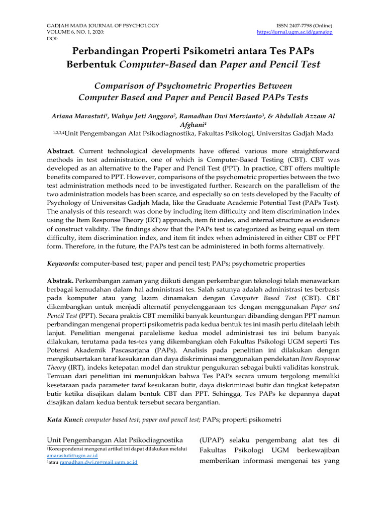 Perbandingan Properti Psikometri Antara Tes PAPs Berbentuk Computer ...