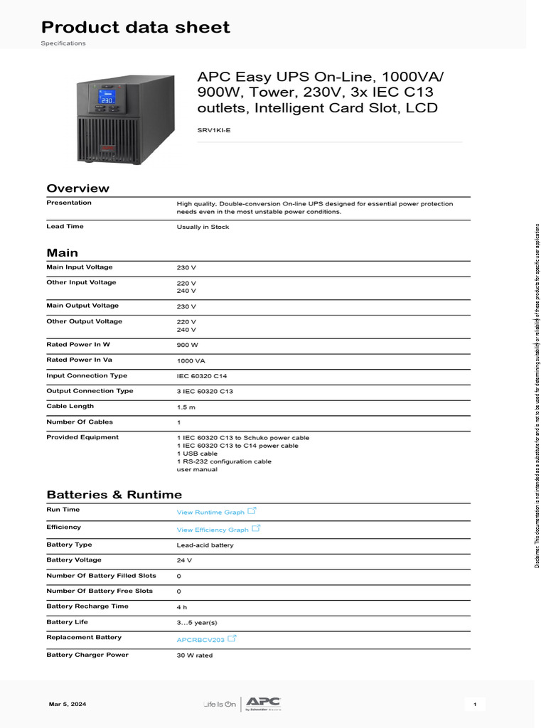 APC Easy UPS 1000VA Specifications | PDF | Electric Power ...